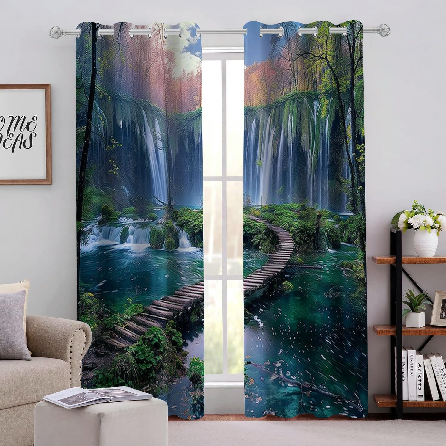 Facannap Waterfall Woods River Perforated Blackout Curtains 2-Pack ...