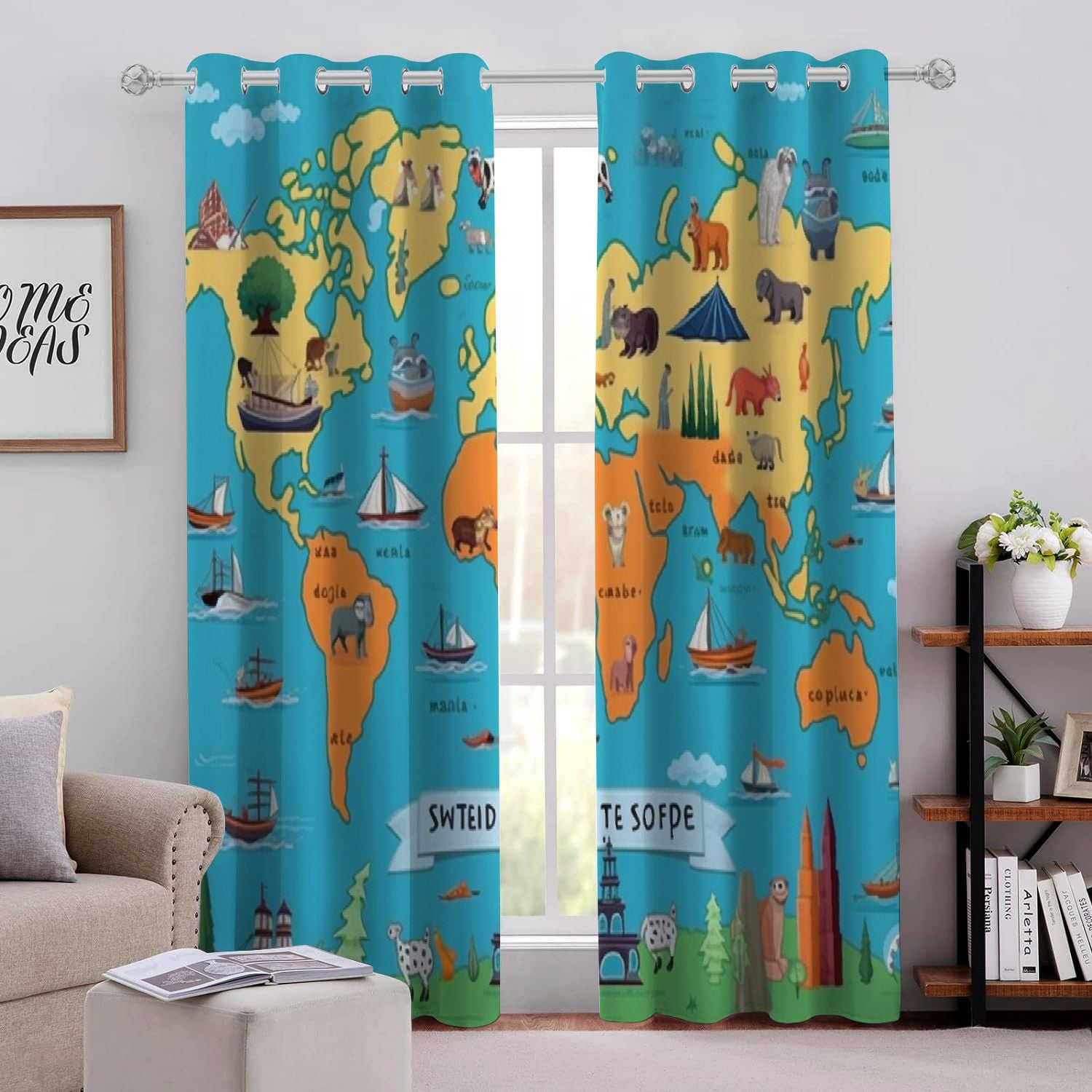 Facannap World Map Animals Ships Perforated Light Blocking Curtains 2 ...