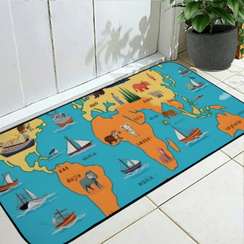 Facannap World Map Animals Ships Square Felt Floor Mat for Home ...