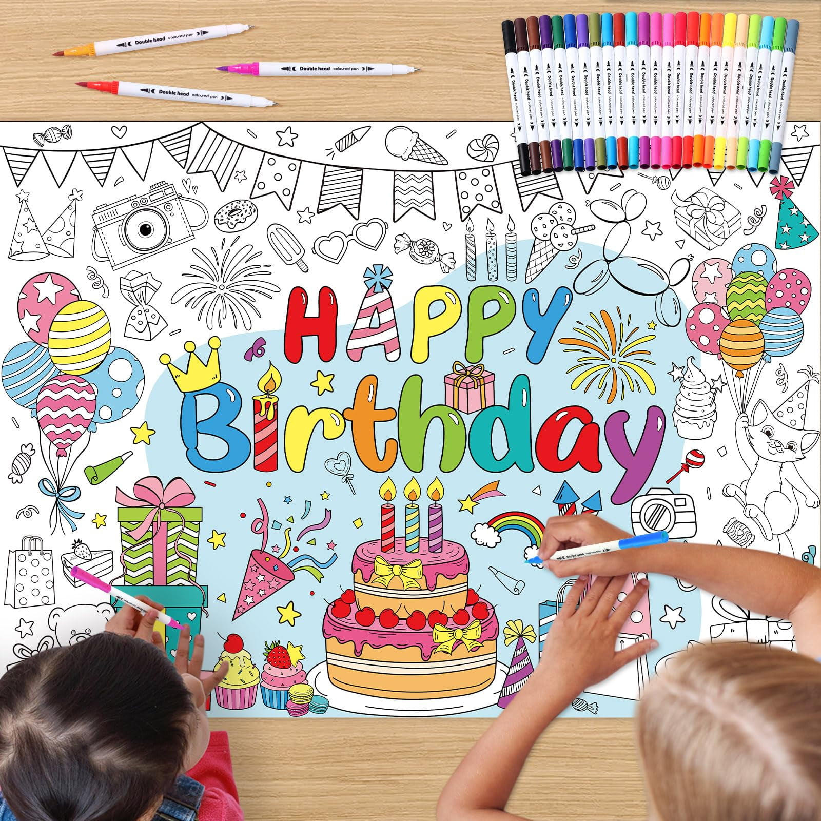 Faccito Happy Birthday Coloring Poster with 24 Dual Tip Watercolor ...