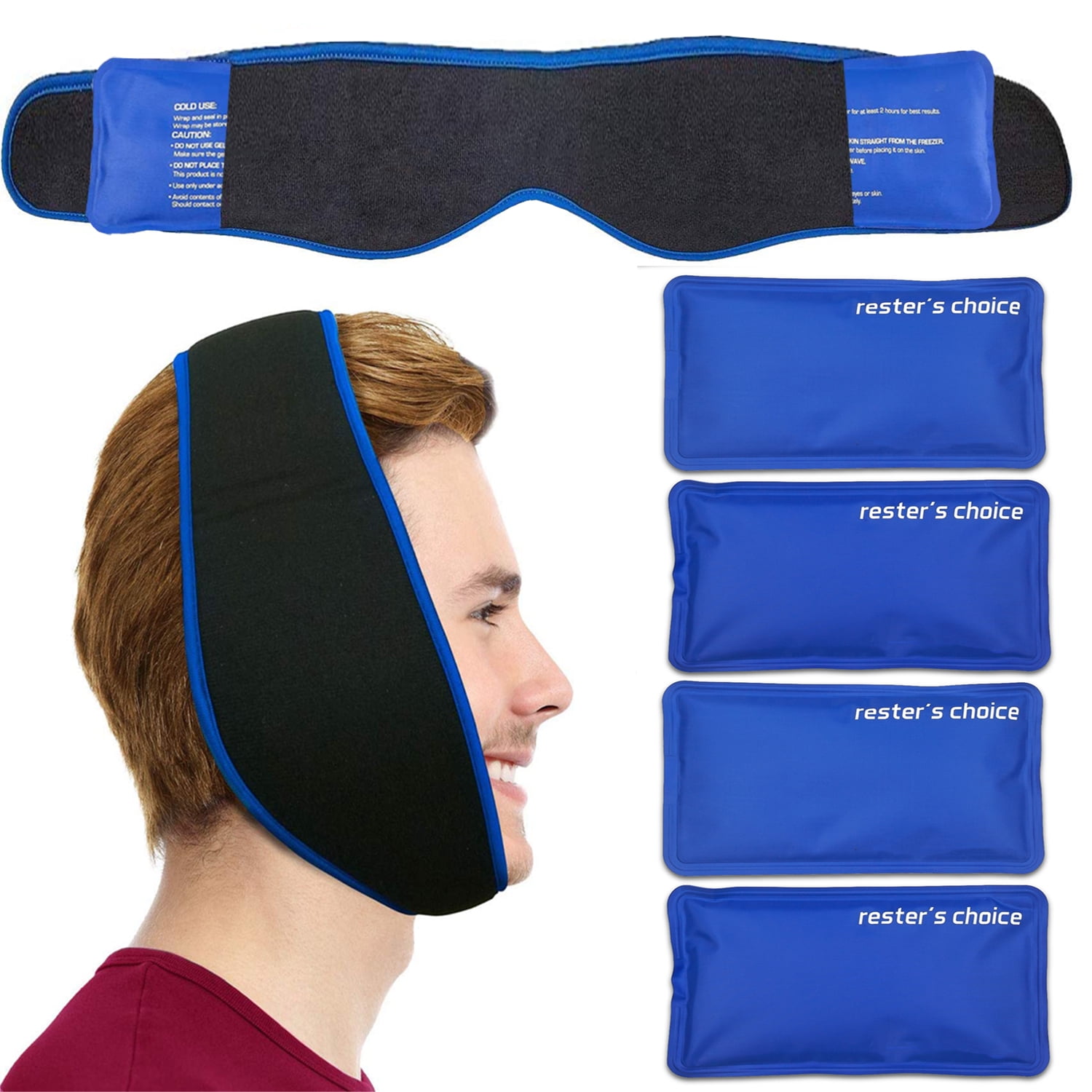 Rester’s Choice Adjustable Wrap with 4 Gel Packs - Face Ice Pack for ...