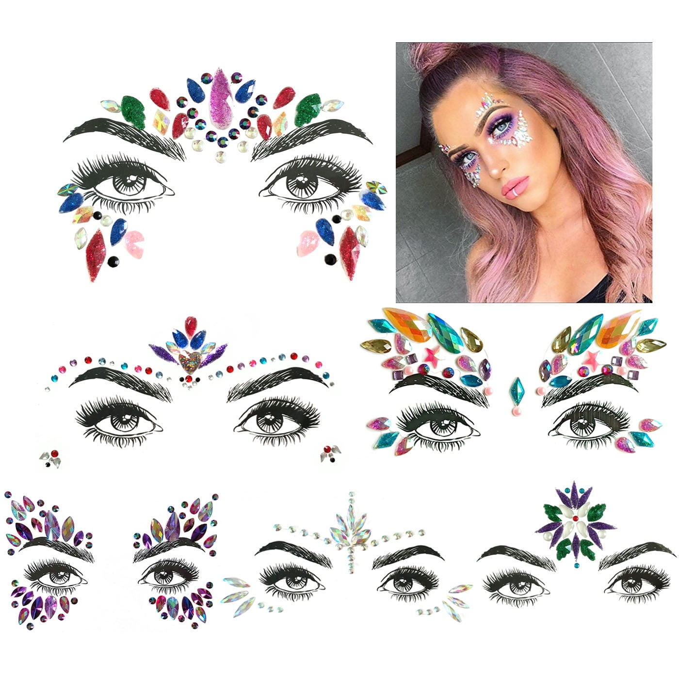 Face Jewels Festival Women Mermaid Face Gems Glitter 6 Sets Rhinestone ...