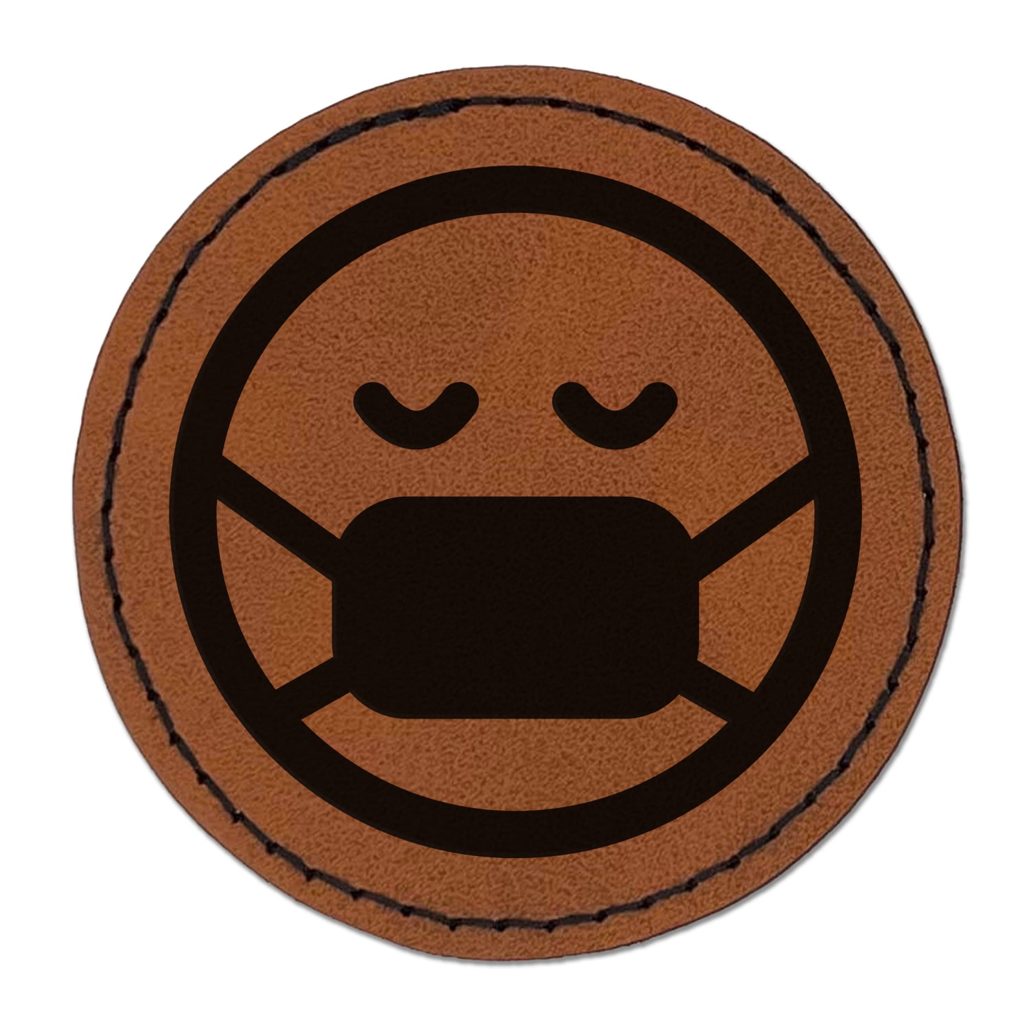 Face Mask Sick Health Emoticon 2.5" Faux Leather Round Engraved Iron-On ...