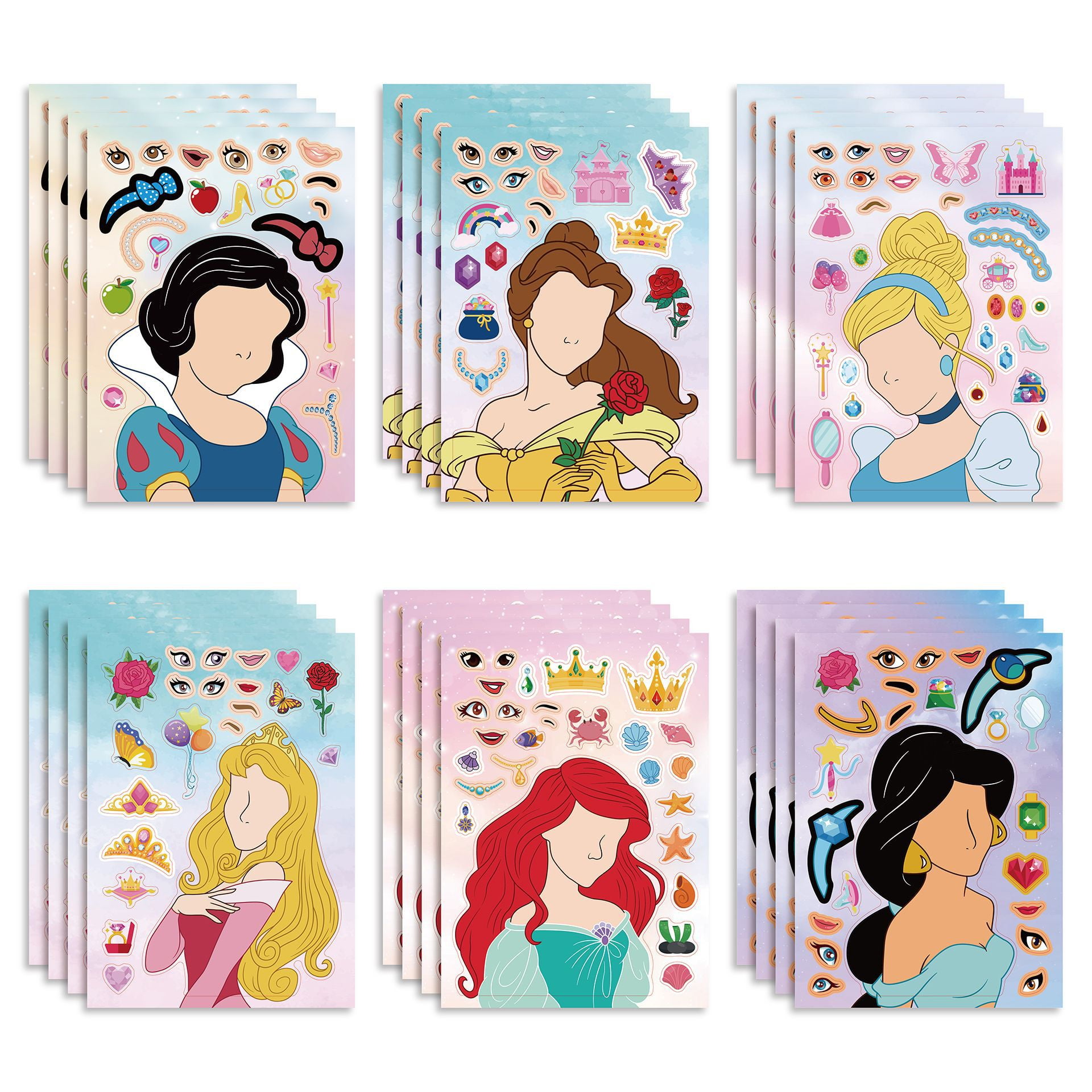 Face Stickers 24 Sheets –Fairytale princess Mix of 8 Unique Cartoon ...