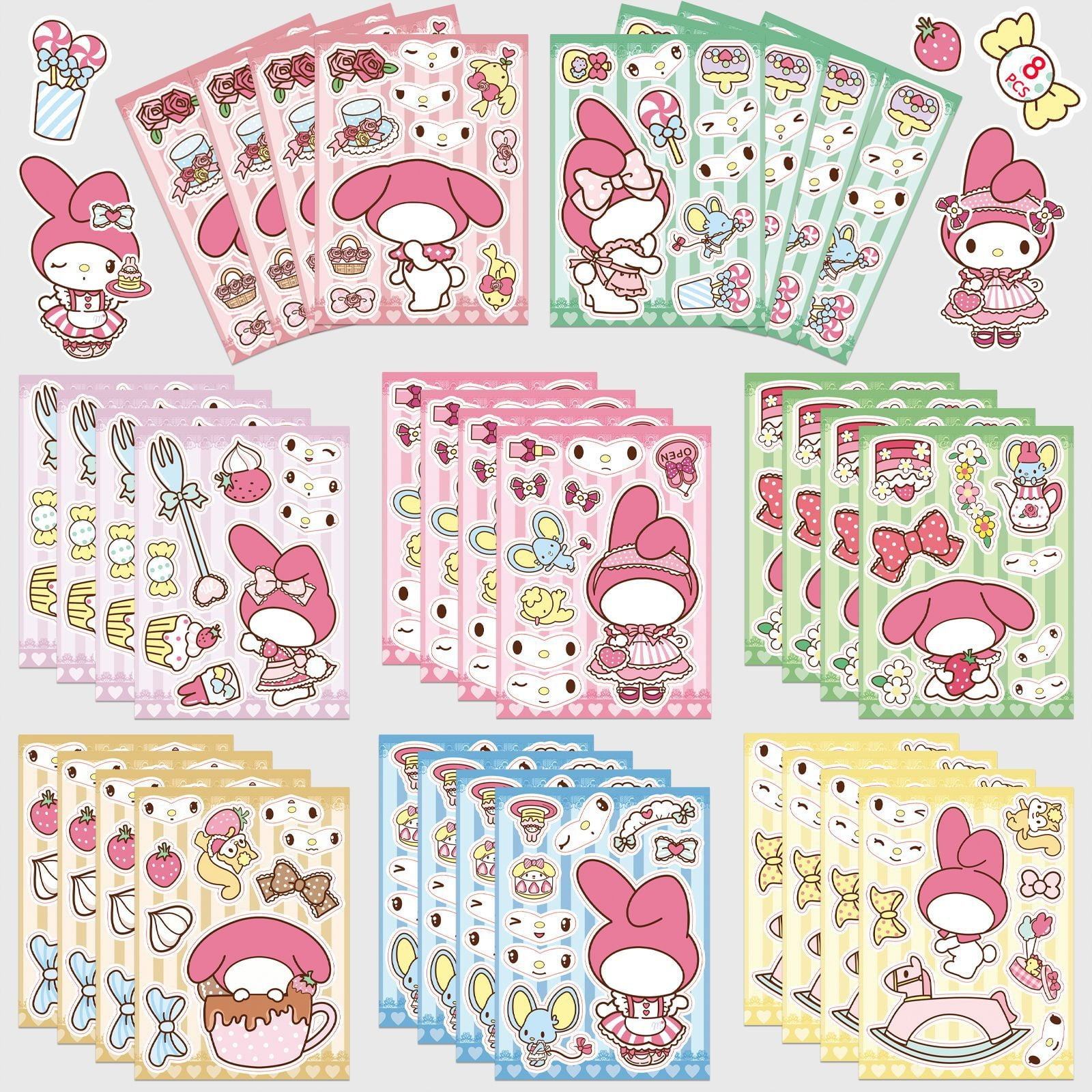 Face Stickers 24 Sheets –Pink rabbit 8 unique cartoon kids stickers set ...