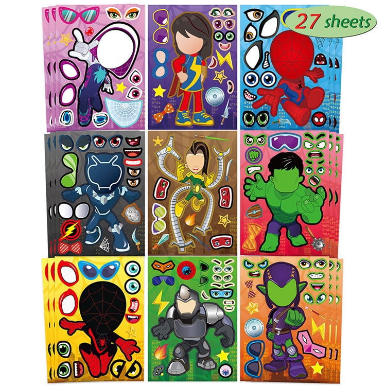 Face Stickers 27 Sheets –Giant Hero 9 unique cartoon kids stickers set ...