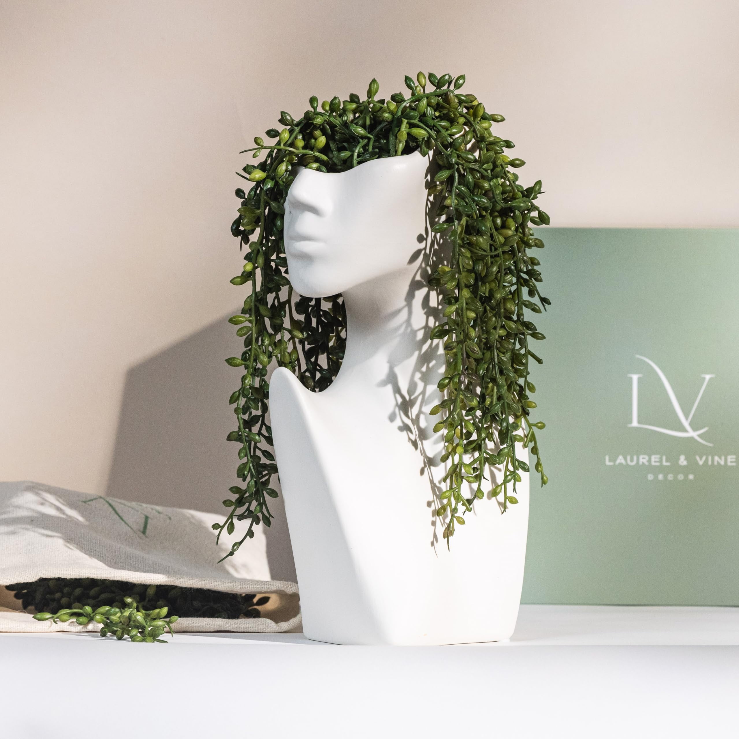 Face Vase with Faux String of Pearls Plant Gift Set, Head Vase Includes ...