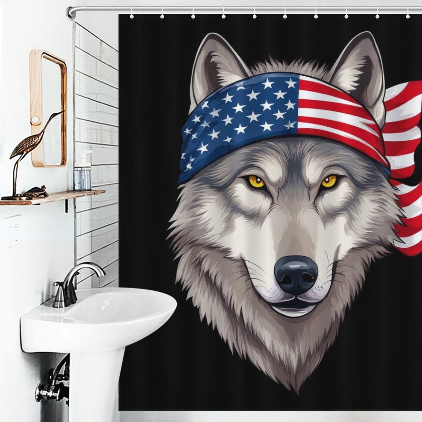 Face Of A White Wolf With Yellow Eyes And An American Flag Shower ...