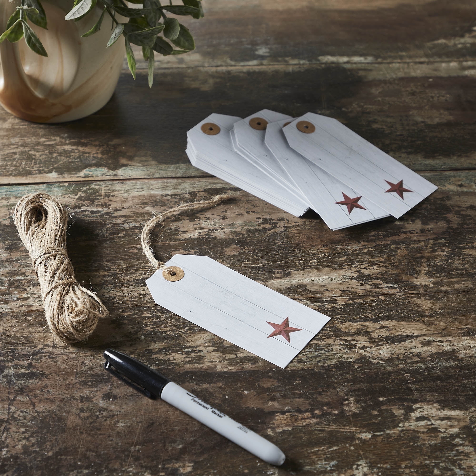 Faceted Barn Star Barnwood Paper Tag Barn Red 4.75x2.25 w/ Twine Set of ...