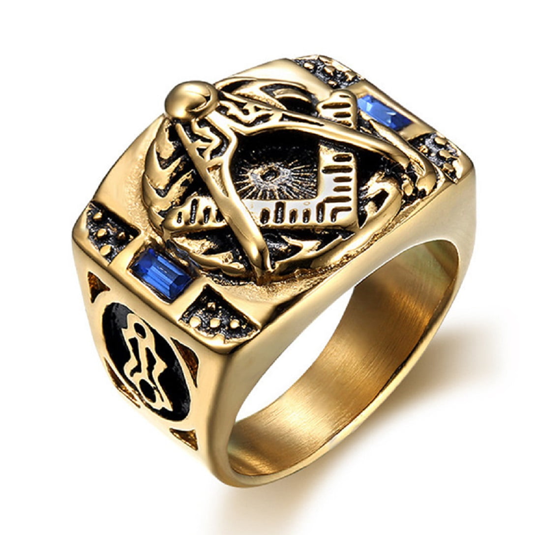 Fachoice Blue Stone Freemason Ring for Men Gold Punk Masonic Symbol ...
