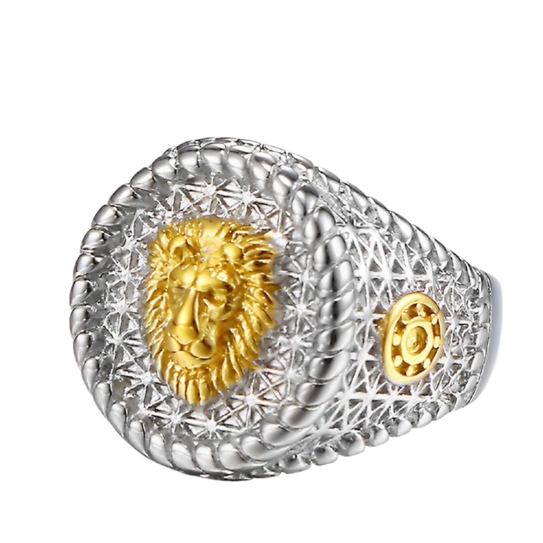 Fachoice Silver Lion Signet Ring for Men Stylish Lion Round Ring, Gold Classic Lion Head Ring ...