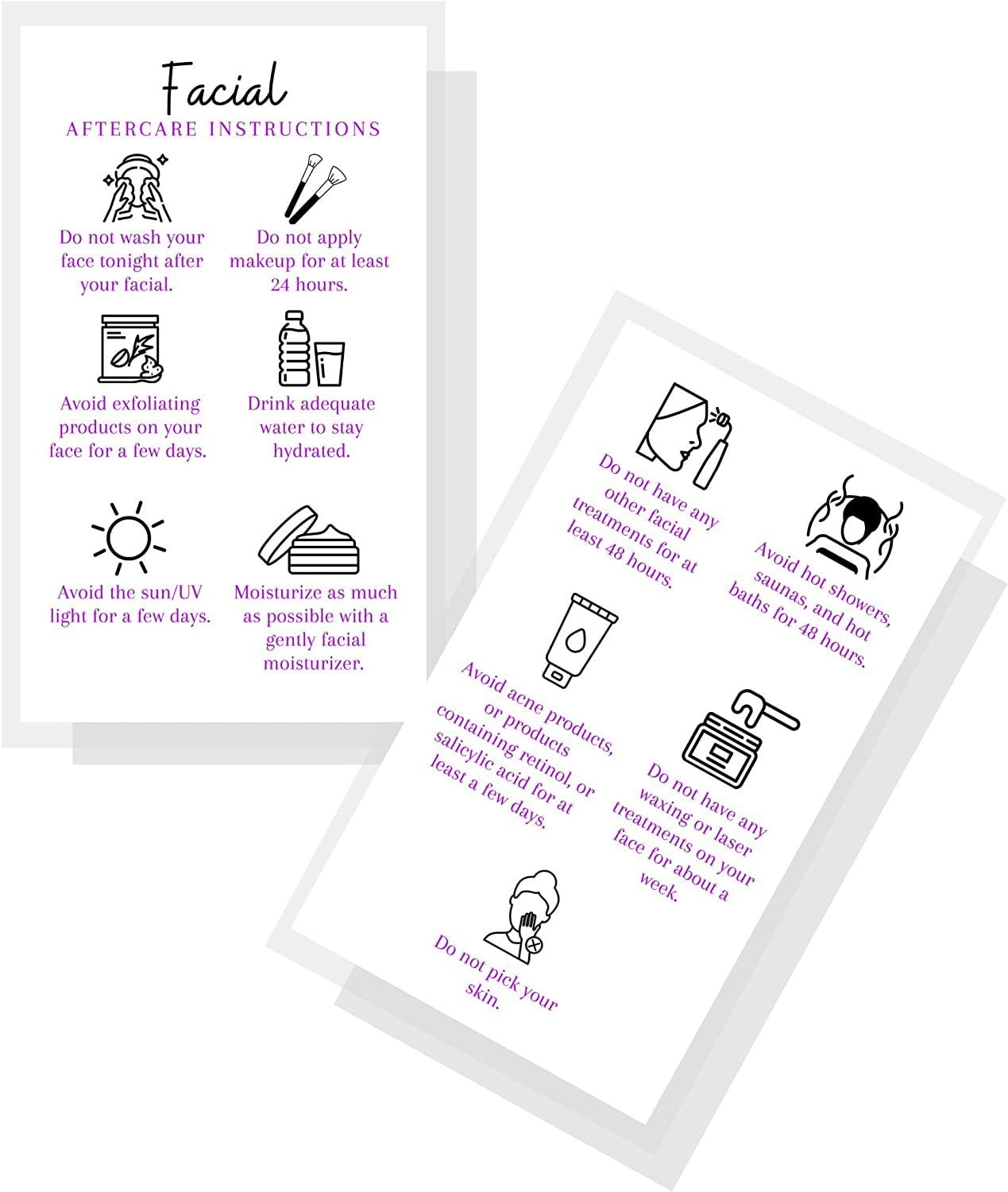 Facial Aftercare Cards 50 Pack Size 2 x 3.5 inches Business Card Size ...
