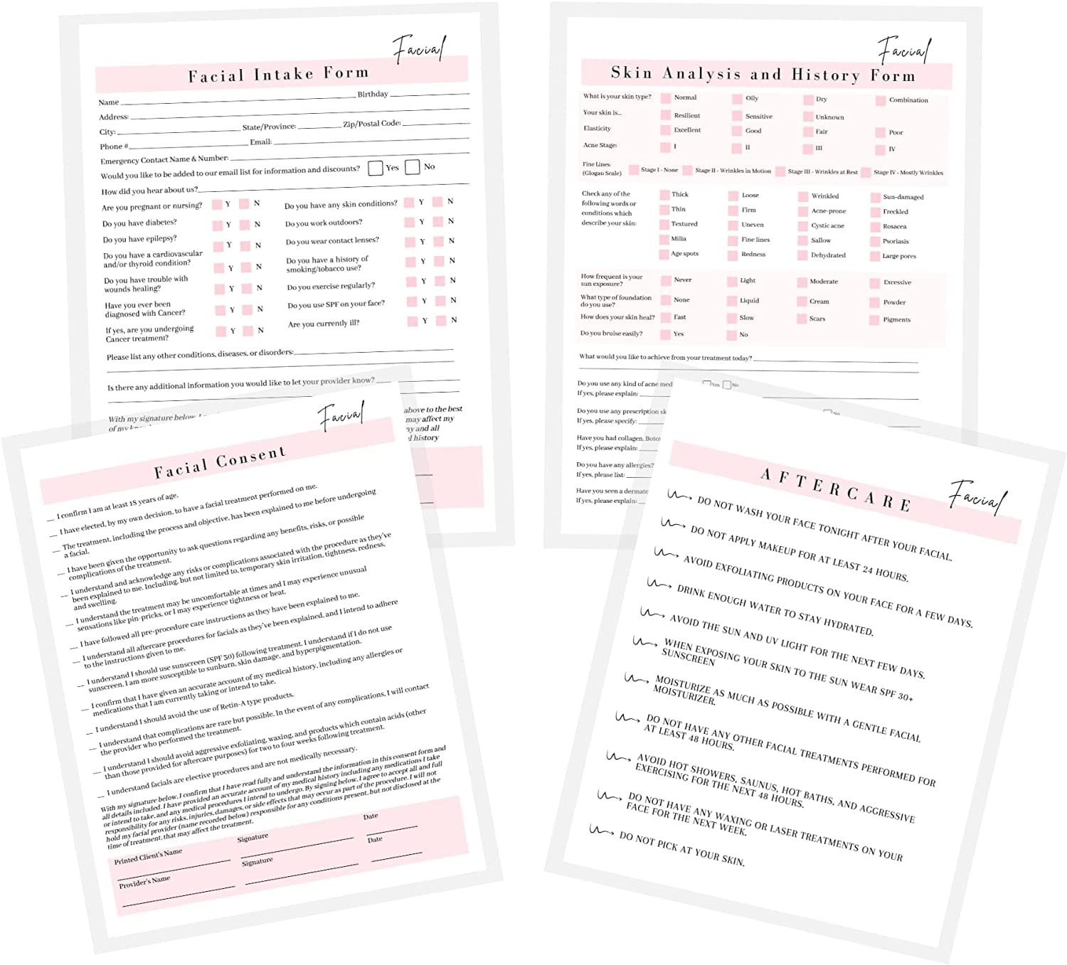 Facial Client Intake Forms, Intake, Consent, Aftercare Instruction 75 ...