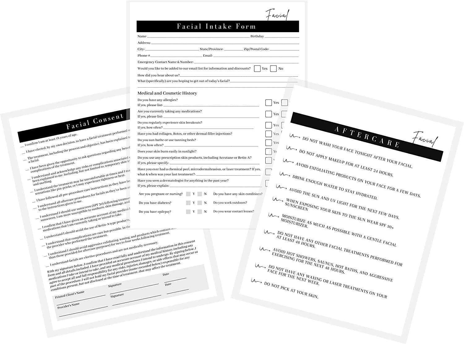 Facial Intake, Consent, and Aftercare Form 75 Pack 8.5 x 11" A1 Forms Clients Signature 25 ...