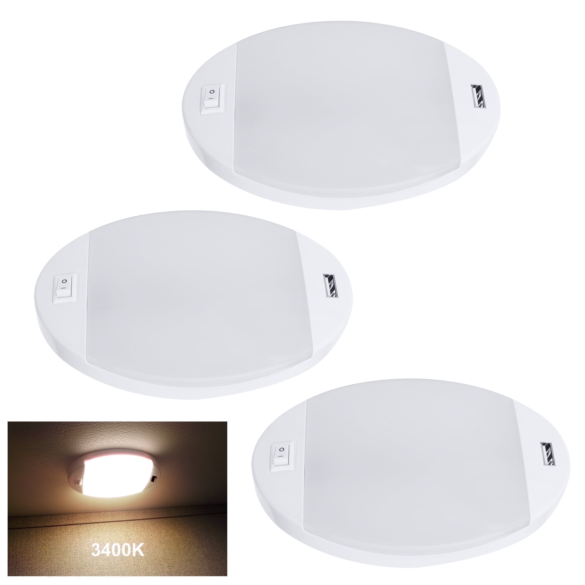Facon 12V DC LED Ceiling Dome Light with USB Charger, 3Packs Interior ...