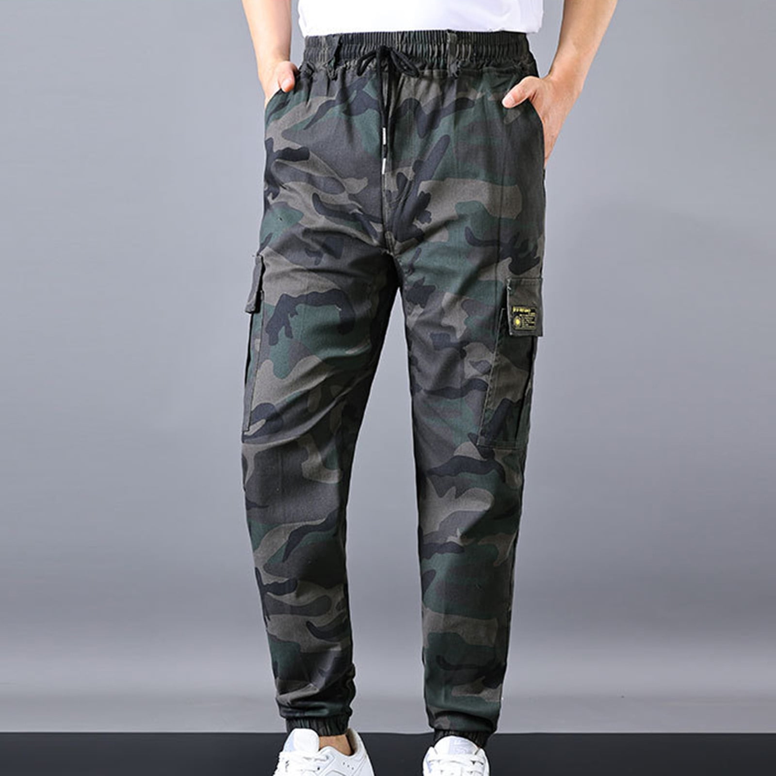 Facrlt Mens pants Camouflage Printed Sweatpants, Lace-Up Multi-Pocket ...