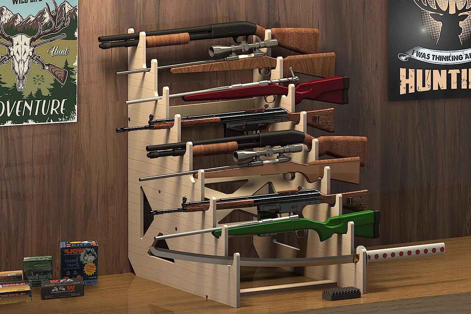 Factory Crafts | Wooden Gun Rack Display Stand | Table Top 9-Slot Wood ...