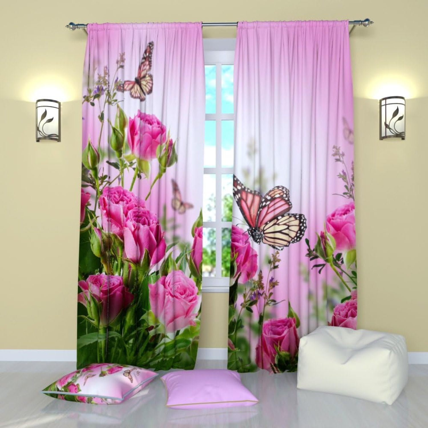 Factory4me Floral Curtains Pink Rose with Butterflies 3D Print, Flower ...