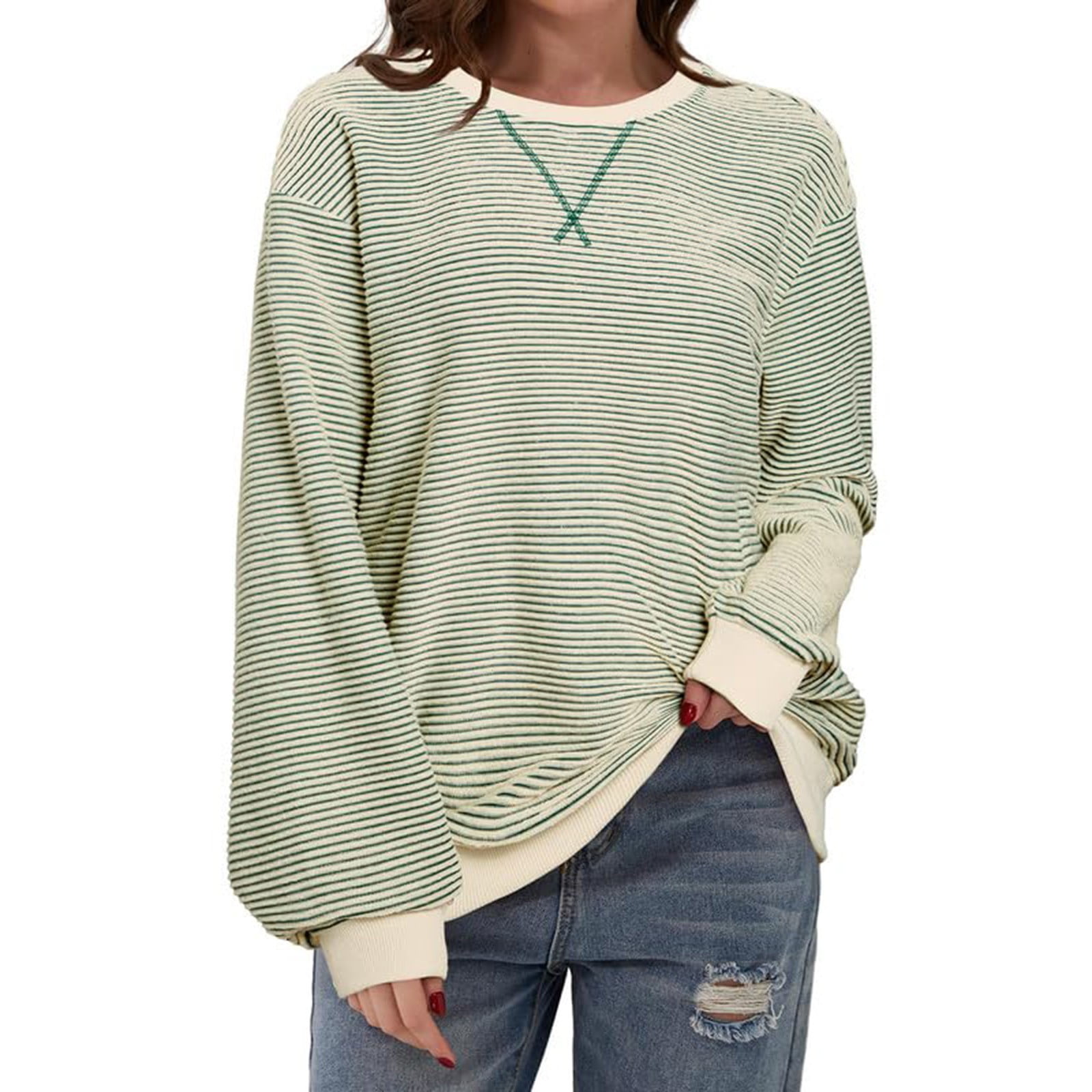 Fadeal Striped Sweatshirt Women Sweatshirt Striped Color Block Crew ...