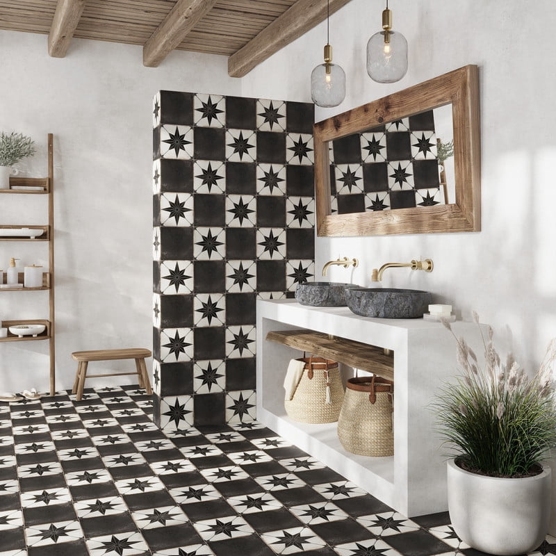 Faenza 8x8 White Black Porcelain Square Motif Wall and Floor Tile (6.46 ...