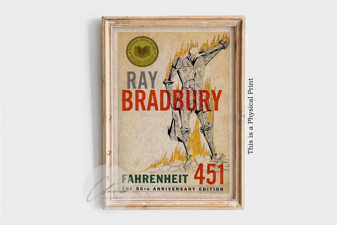 Fahrenheit 451 Book Cover, Ray Bradbury Dystopian Wall Art, Vintage ...