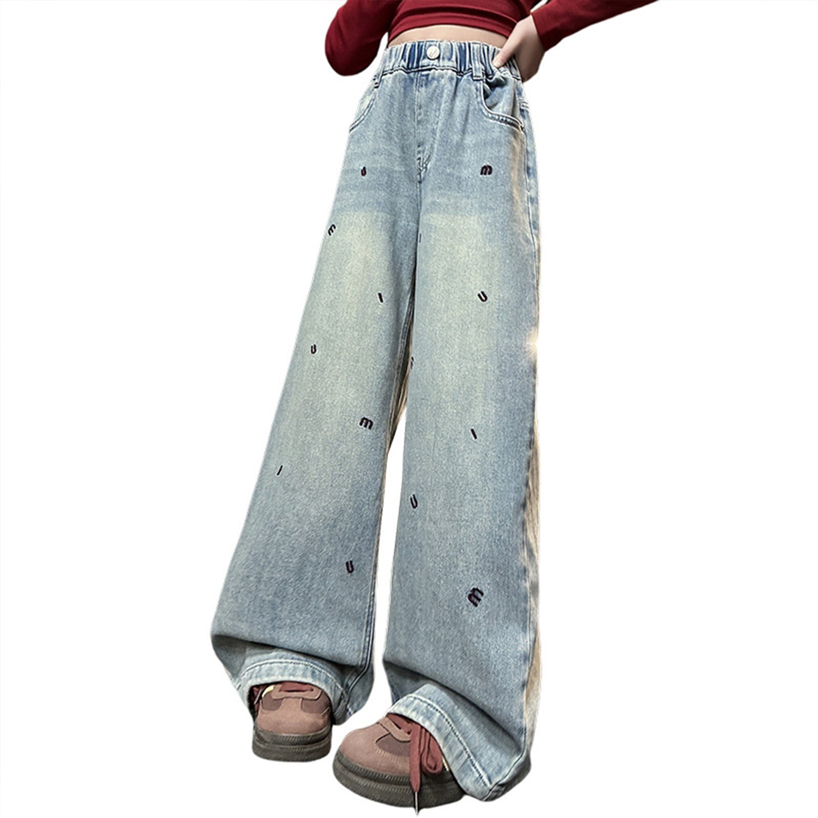 Fainosmny Girls Embroidered Alphabet Jeans Korean Version Of Loose Rest ...