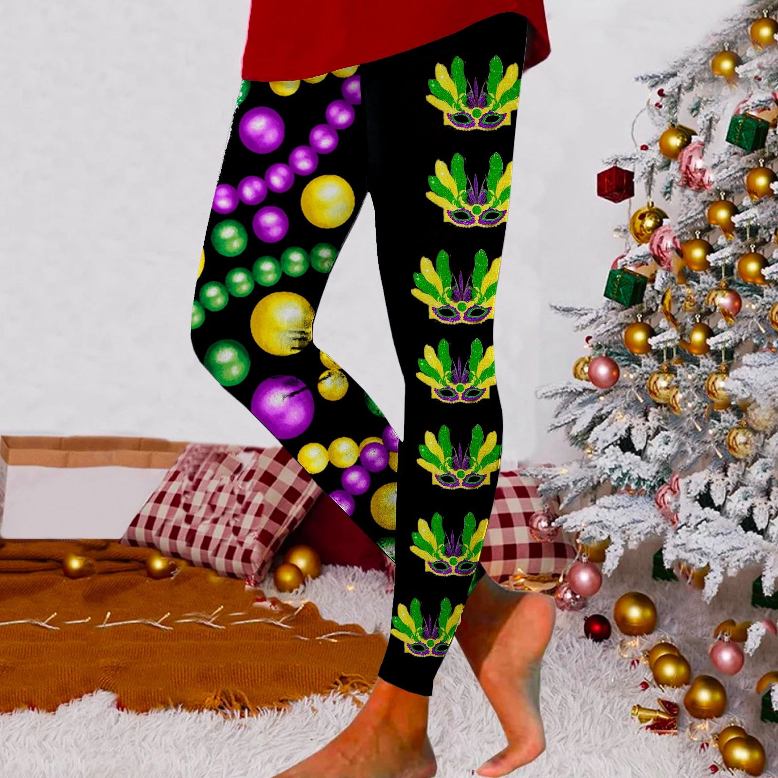 Fainosmny Women Leggings Colorful Print Mardi Gras Carnival Tights TuMy-Control Yoga Sport Women ...