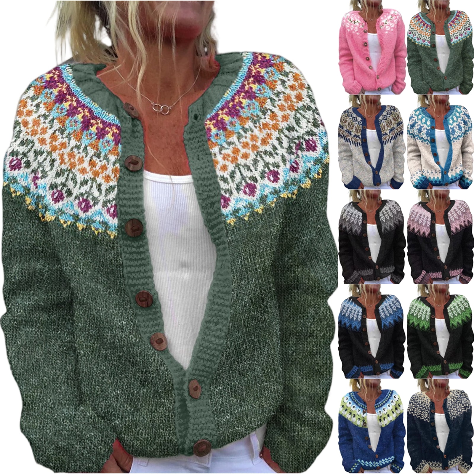 Fair Isle Color Blocking Cardigan Sweaters For Women R-Neck Loose Fit ...