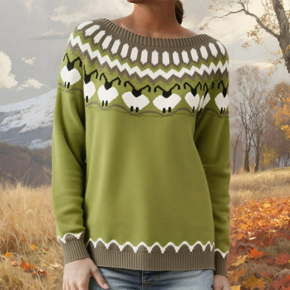 Fair Isle Knit Sweater for Women's Lightweight Pullover Crewneck Long ...