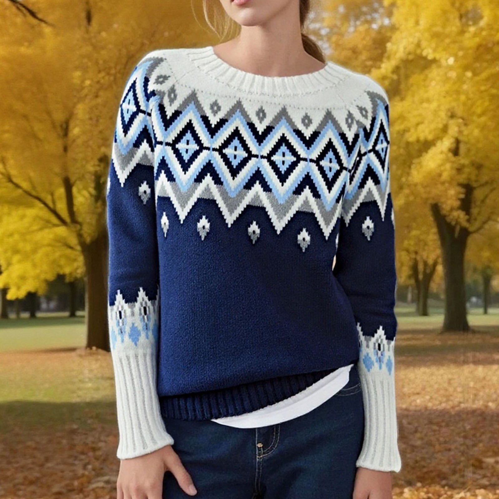 Fair Isle Knit Sweater for Womens Pattern Pullover Lightweight Crewneck ...