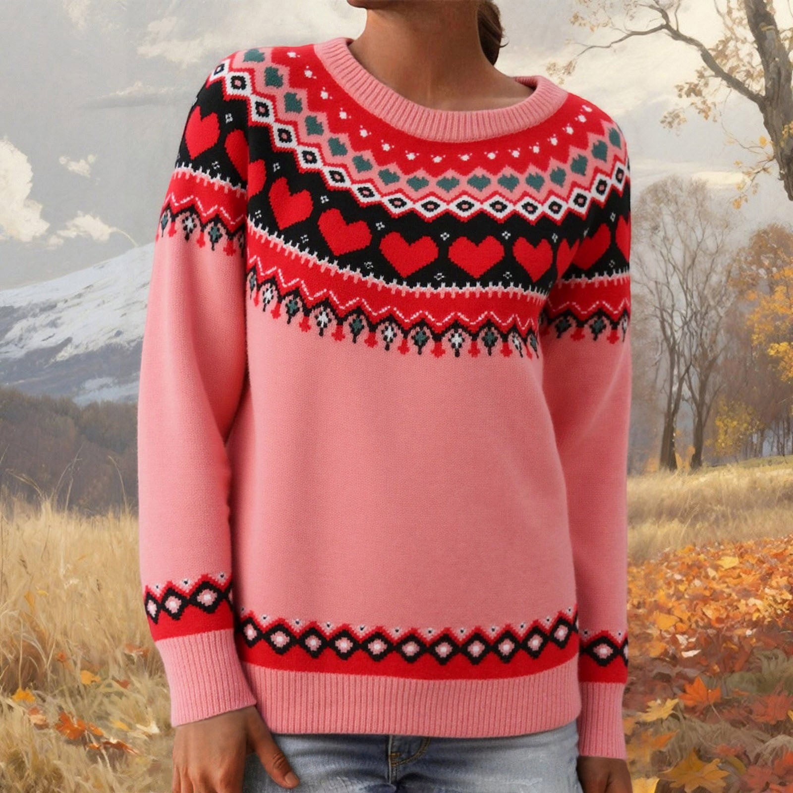 Fair Isle Pattern Sweater Women Crew Neck Knit Long Sleeve Pullover ...