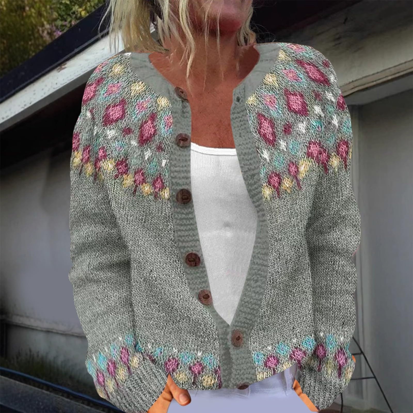 Fair Isle Sweater Cardigan for Women Long Sleeve Button Down Open Front ...