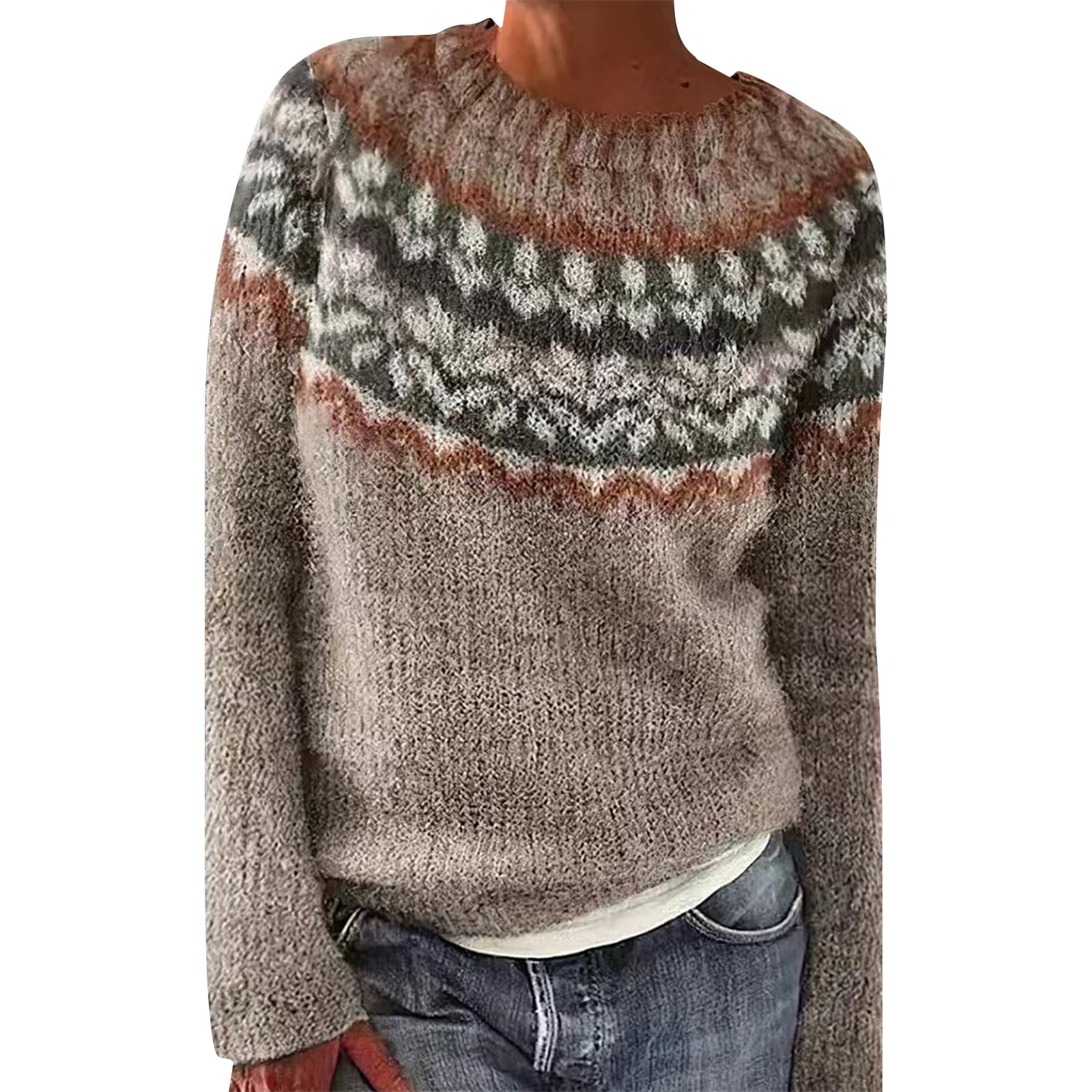 Fair Isle Sweater for Women Boho Fair Isle Crew Neck Blouse Comfy Warm ...