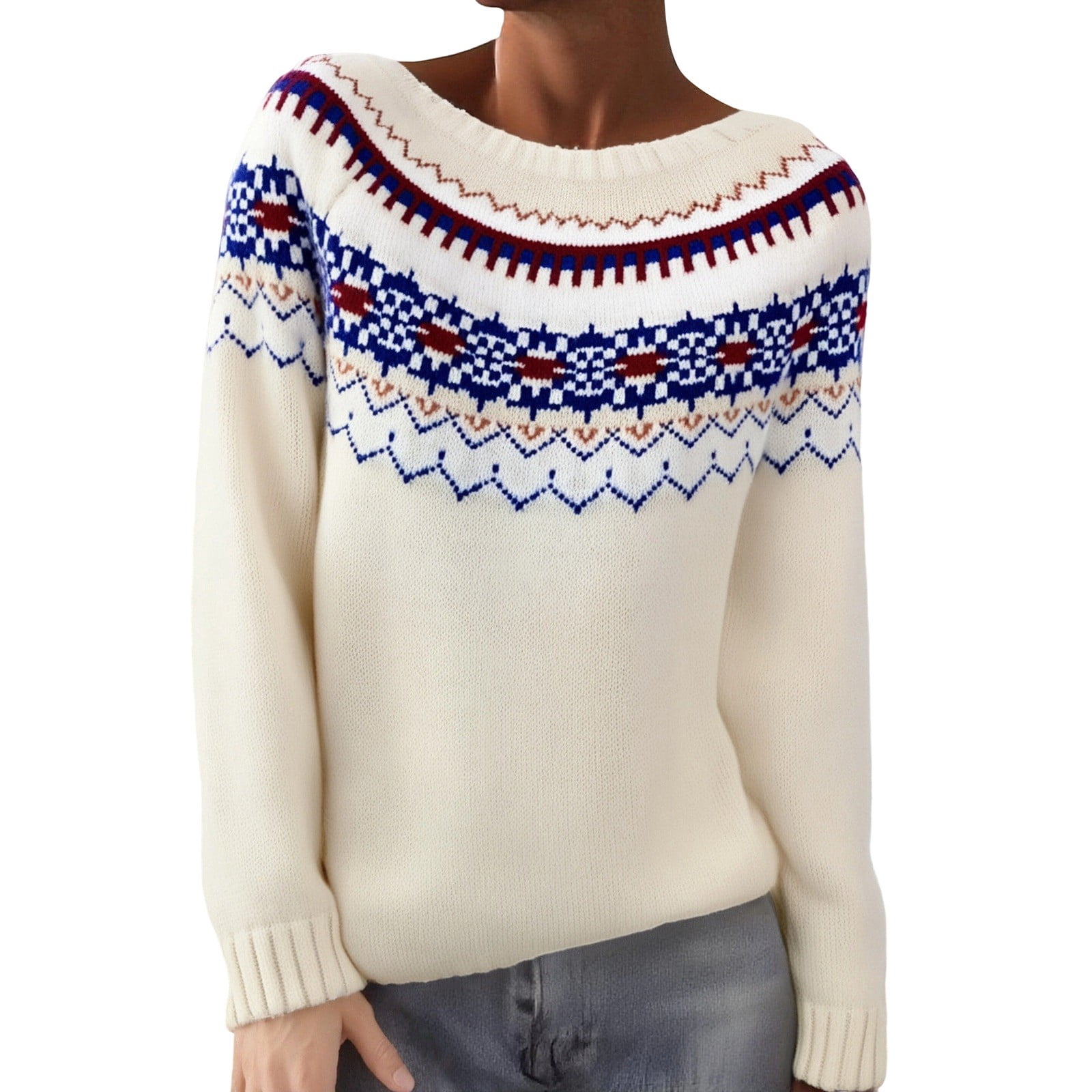 Fair Isle Sweater Women Long Sleeve Crew Neck Chunky Fair Isle Knit ...