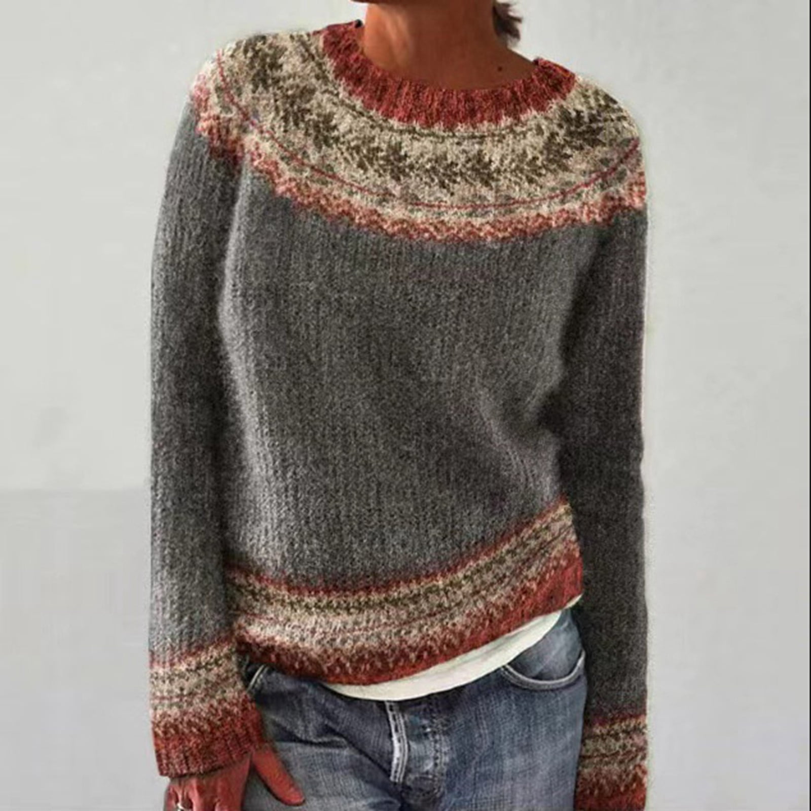 Fair Isle Sweater Women Vintage Knit Print Casual Loose Crewneck Long ...