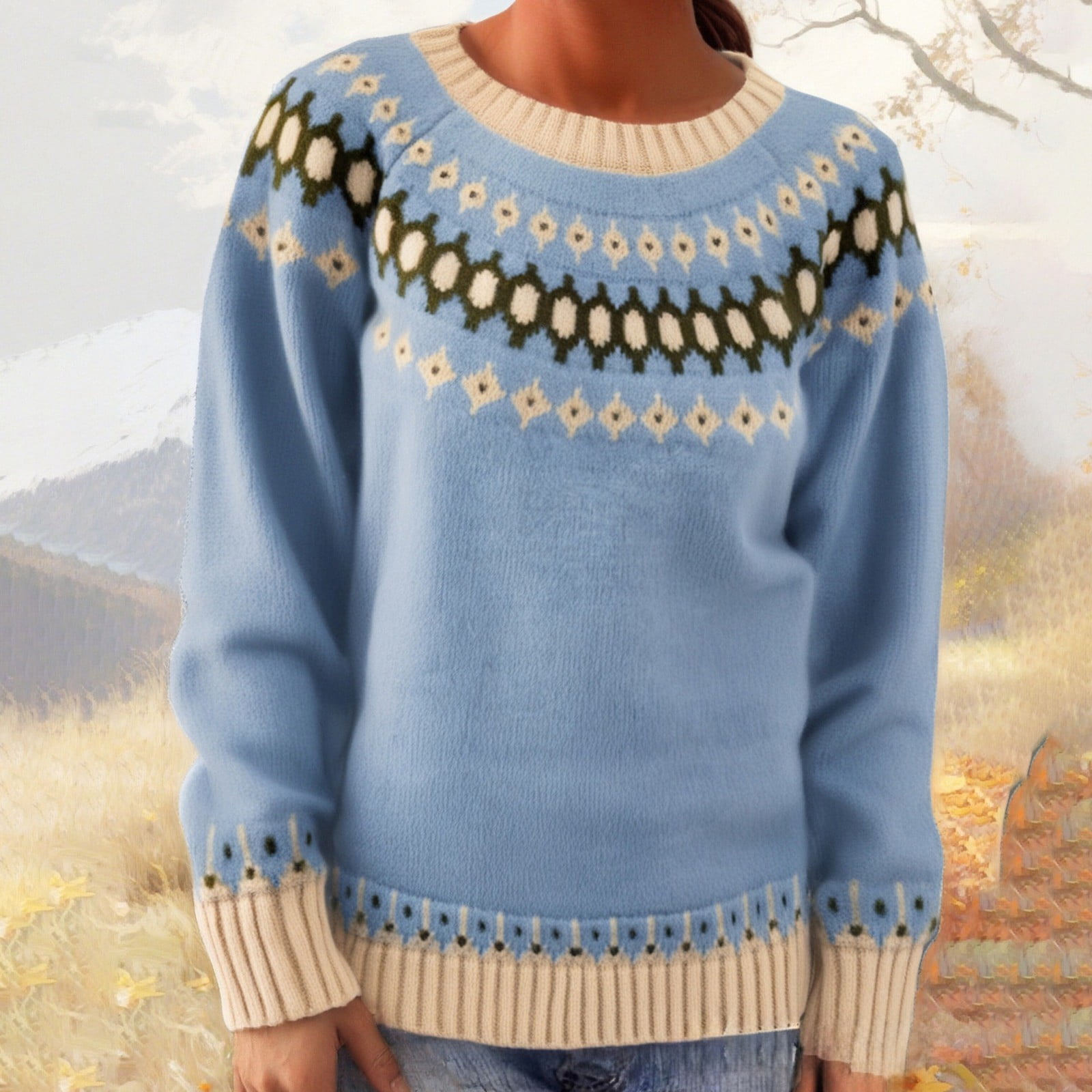 Fair Isle Sweater for Women Knitted Neck Sweater Patterned Fall Winter ...