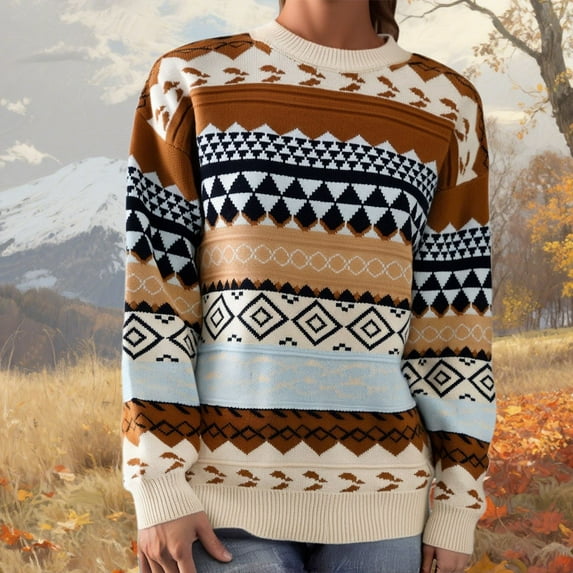 Fair Isle Sweater for Women Loose Fit Geometric Print Round Neck ...