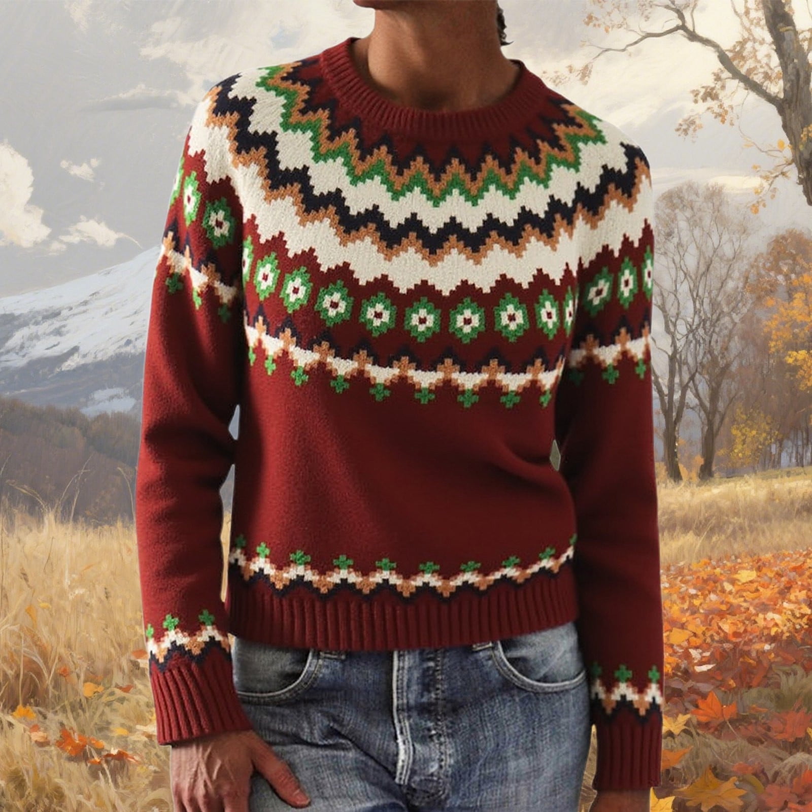 Fair Isle Sweater for Women Loose Fit Round Neck Sweater Fashion ...