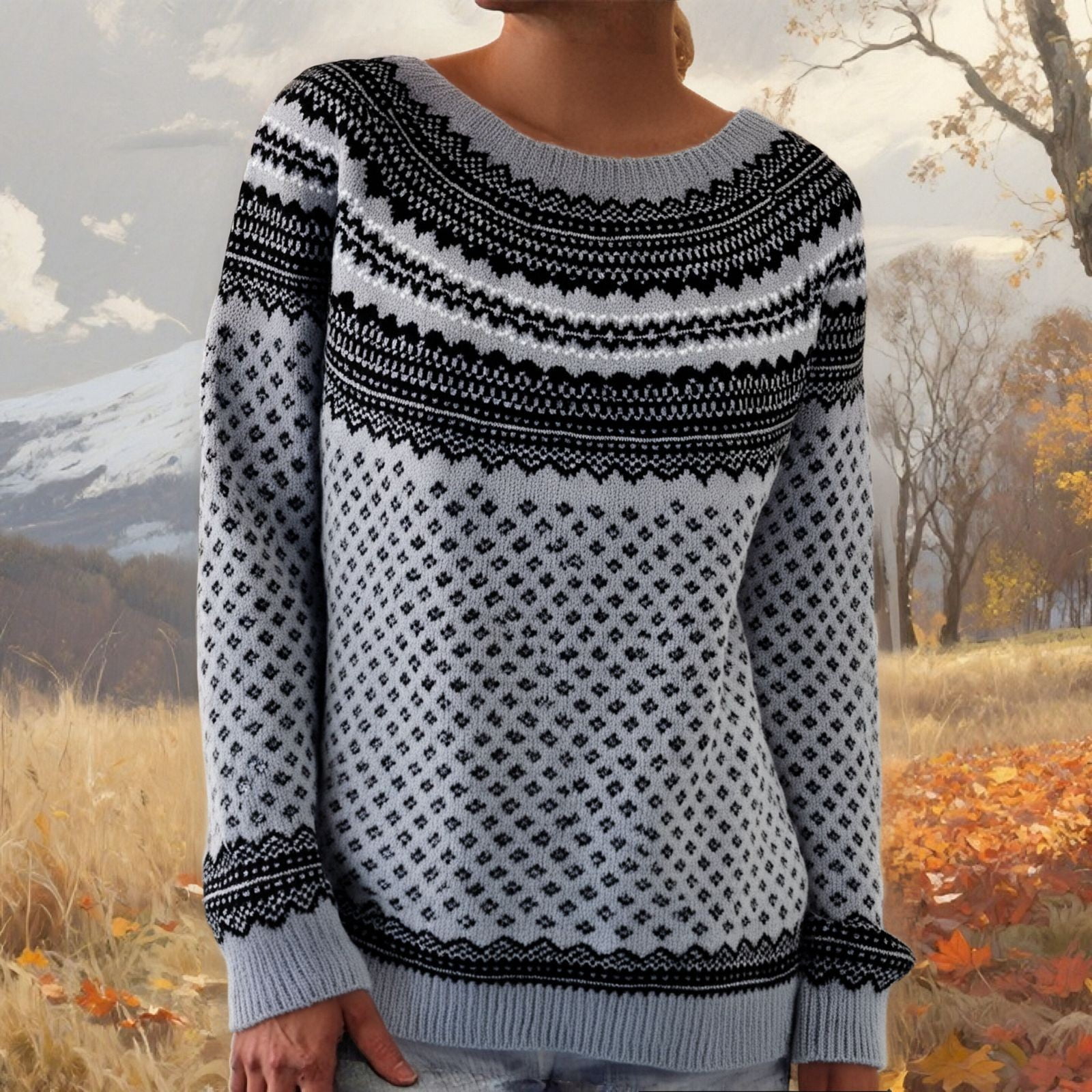 Fair Isle Sweater for Women Soft Loose Fit Round Neck Sweater ...