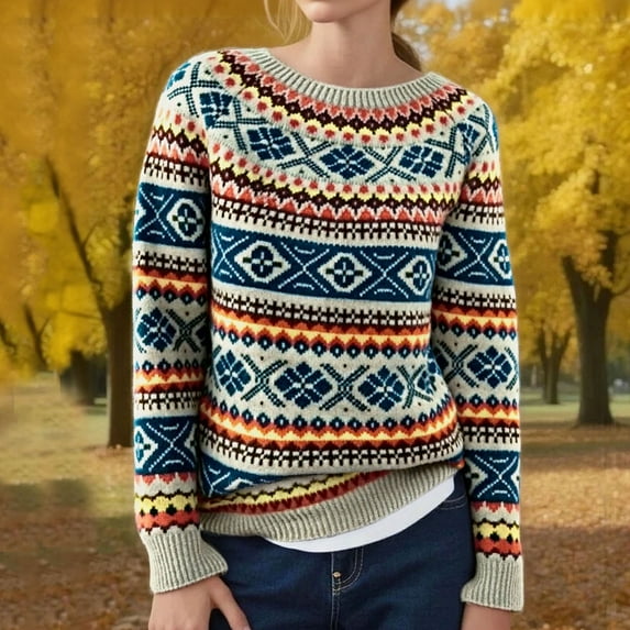 Fair Isle Sweater for Womens Colorful Patterned Chunky Pullovers Knit ...