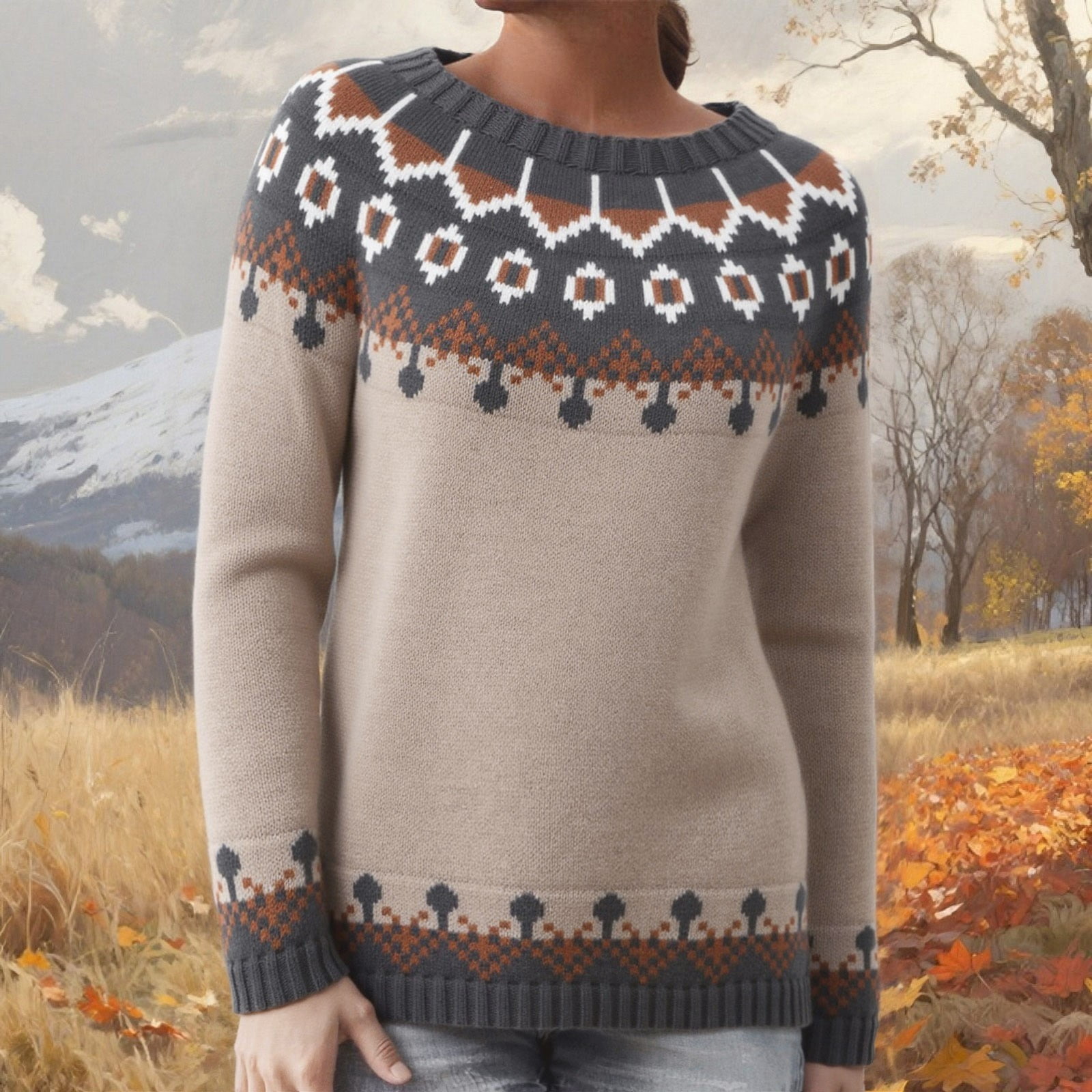 Fair Isle Sweater for Womens Knitted Neck Sweater Patterned Fall Winter ...