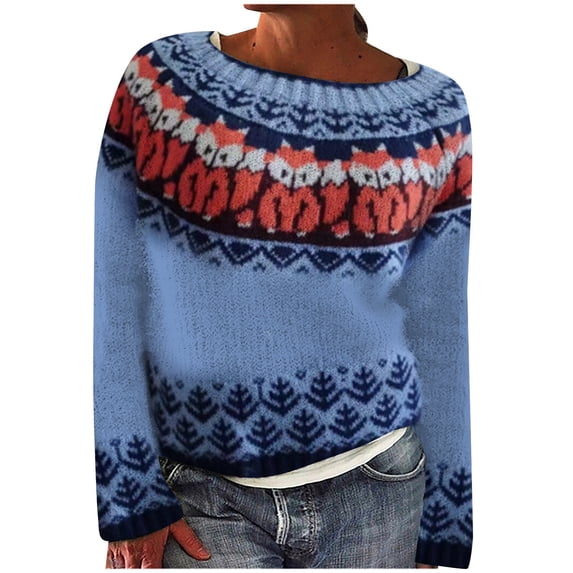 Fair Isle Sweaters for Women Knitted Vintage Boho Print Pullover Tops ...
