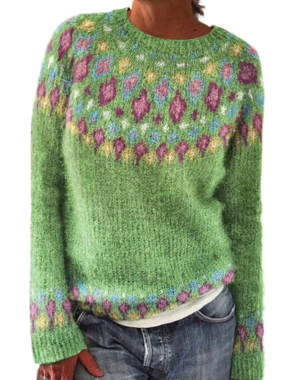 Fair Isle Sweaters for Women Plus Size Vintage Long Sleeve Crewneck ...