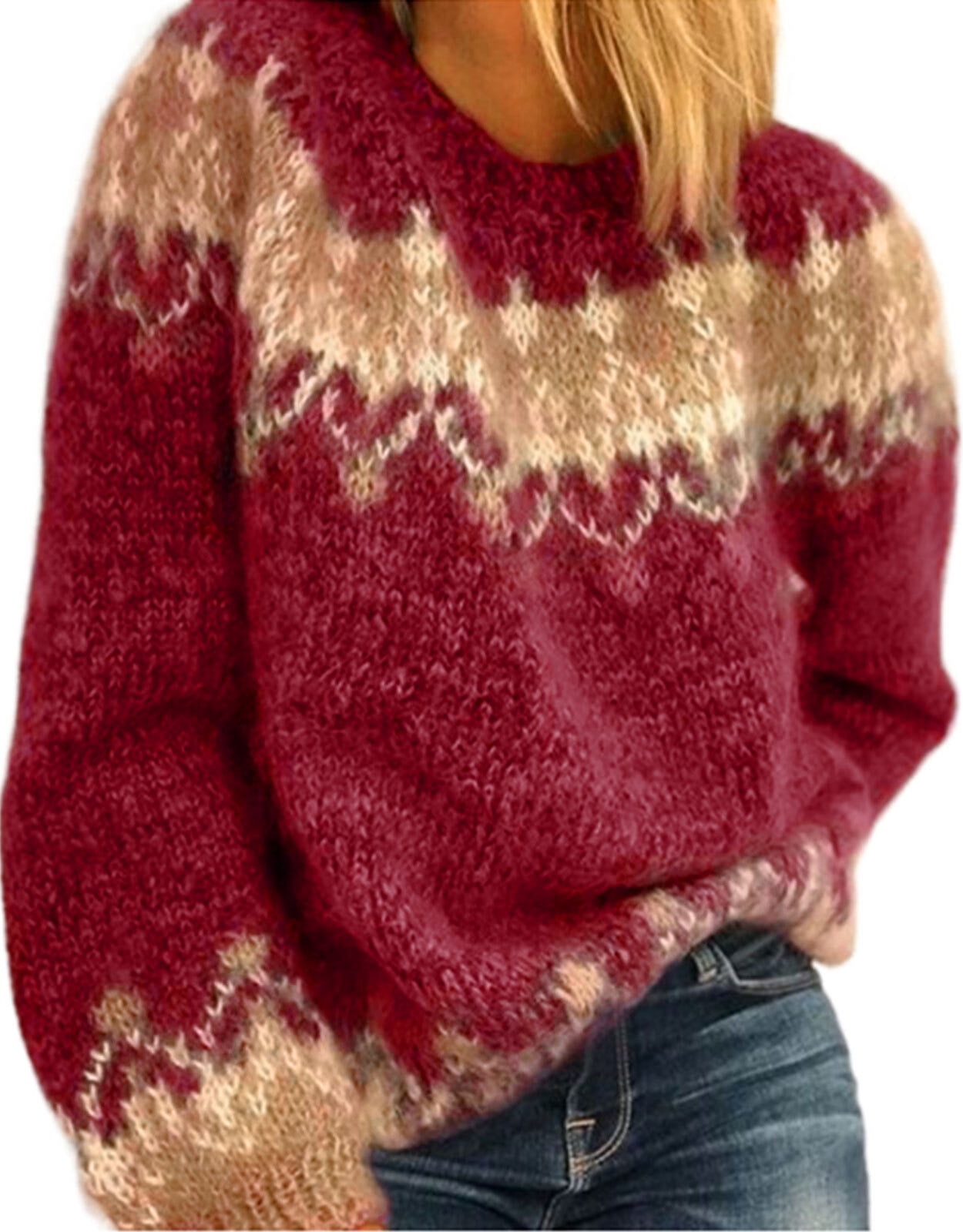 Fair Isle Sweaters for Women Retro Casual Crewneck Ugly Sweater Long Sleeve Fall Winter Knitted ...