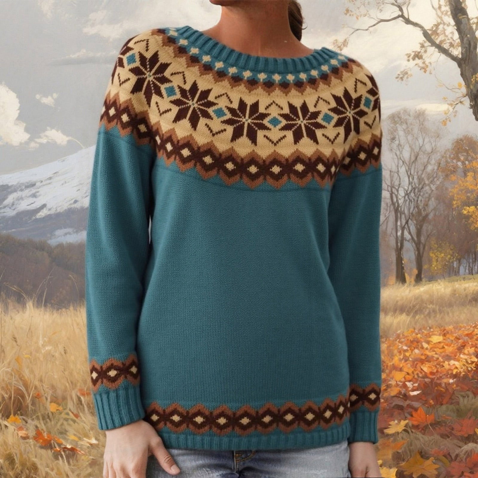 Fair Isle Sweaters for Women's Long Sleeve Crew Neck Loose Casual ...