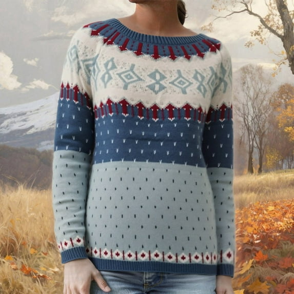 Fair Isle Sweaters for Womens Long Sleeve Crew Neck Loose Pullovers ...