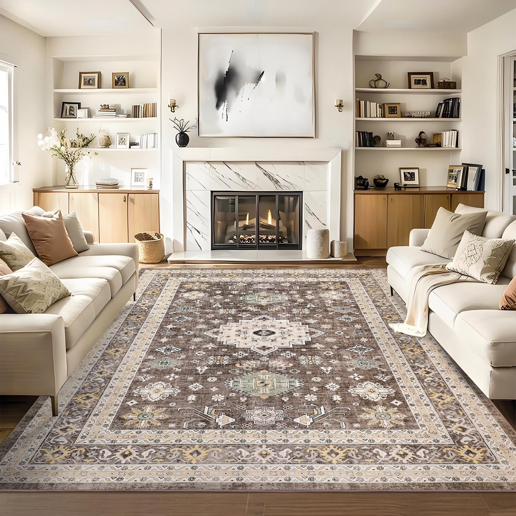 FairOnly 10'x13' Brown Area Rug Vintage Bordered Area Rugs for Living ...