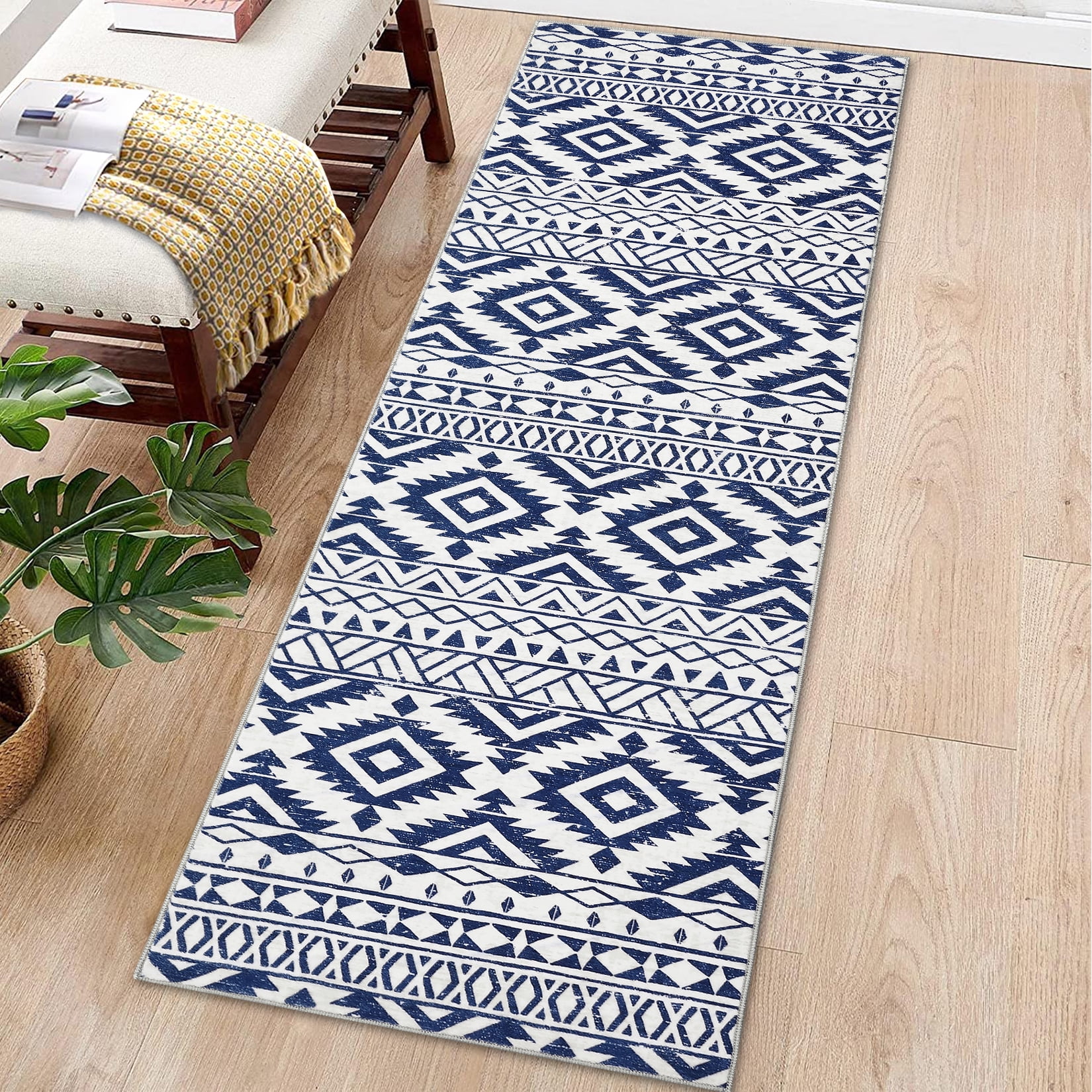 FairOnly 2'x6' Blue Runner Rugs Machine Washable Vintage Geometric ...