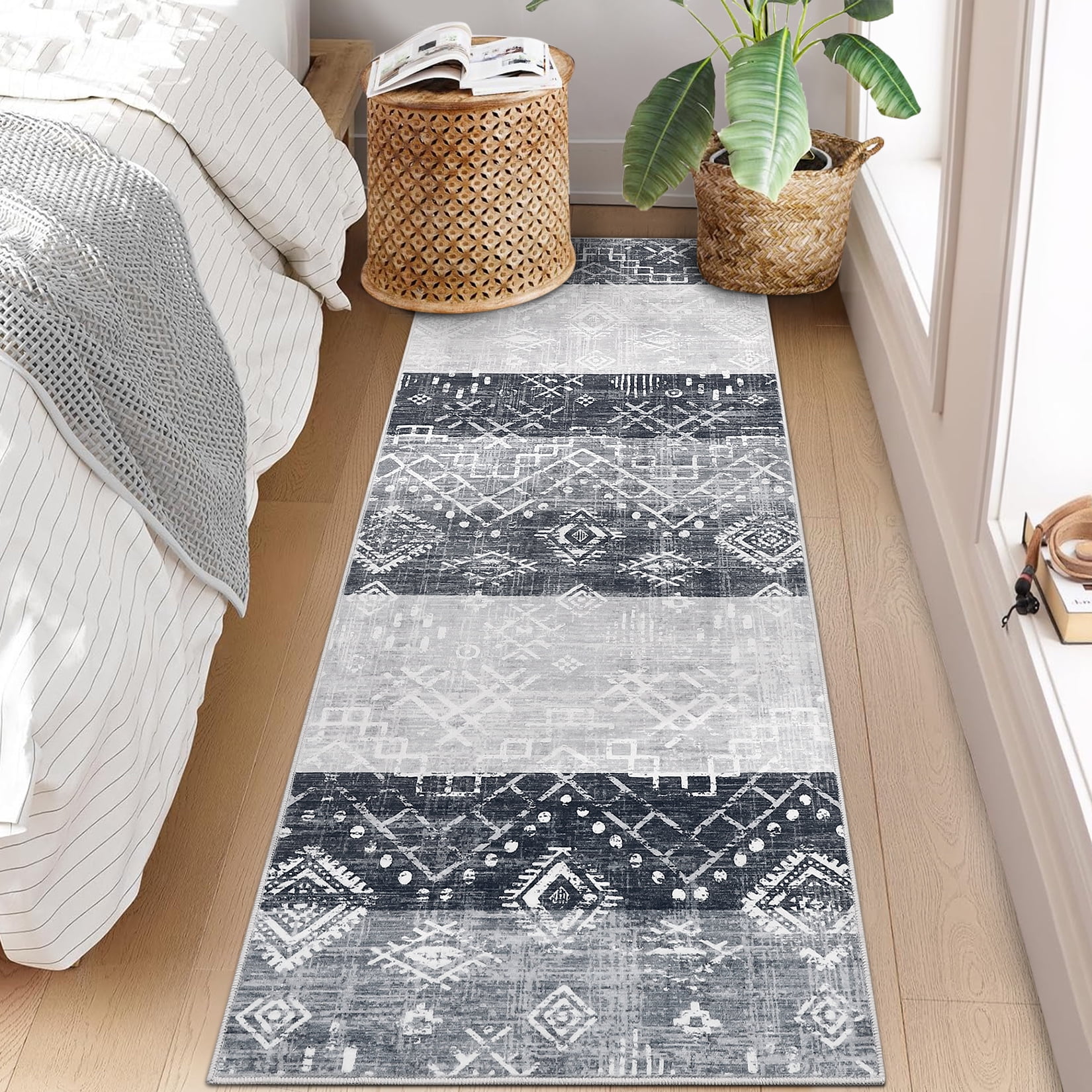FairOnly 2'x6' Grey Contemporary Washable Kitchen Runner Rugs Geometric ...