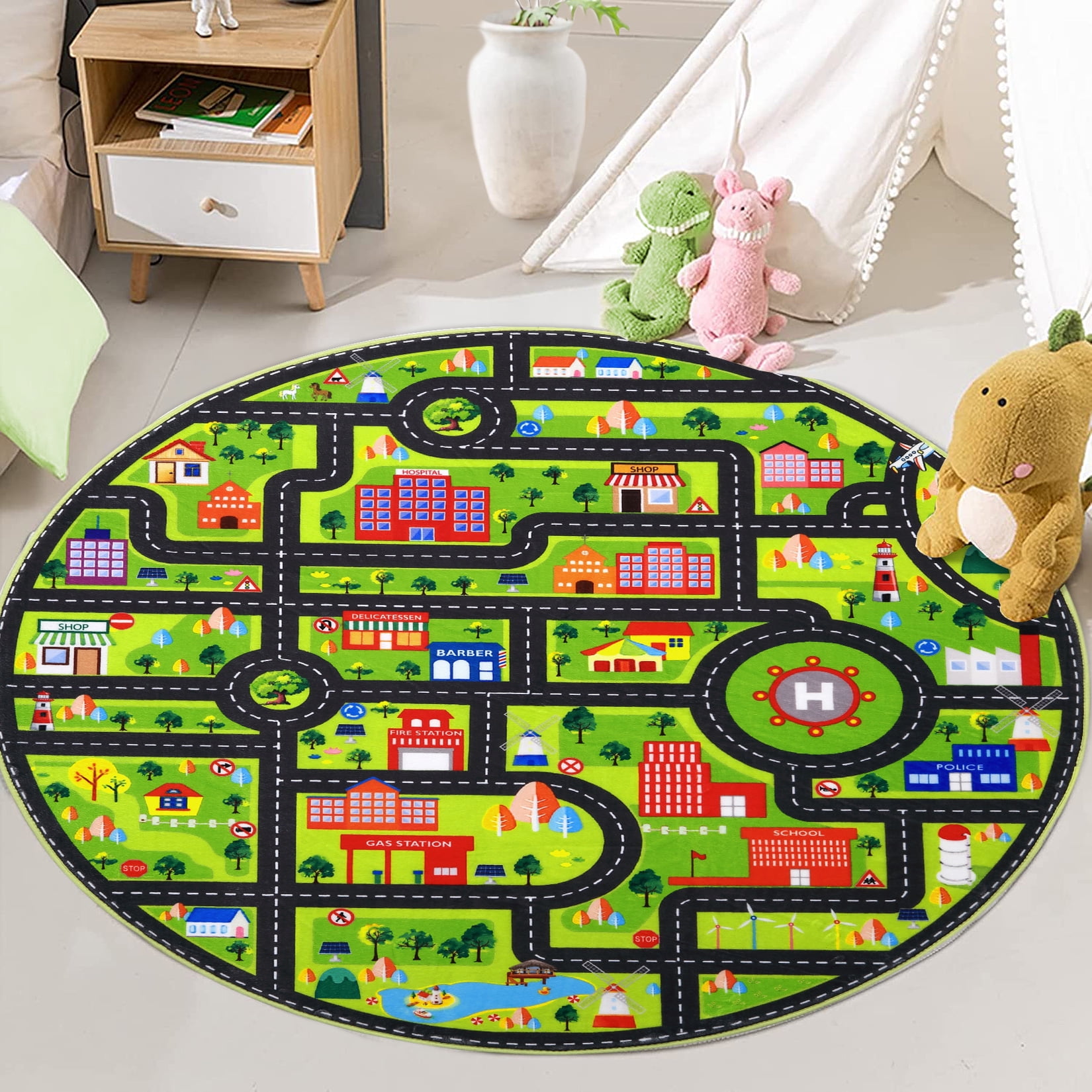 FairOnly 4'x4' Black Washable Round Rug Kids Chidren Learning Rugs City ...